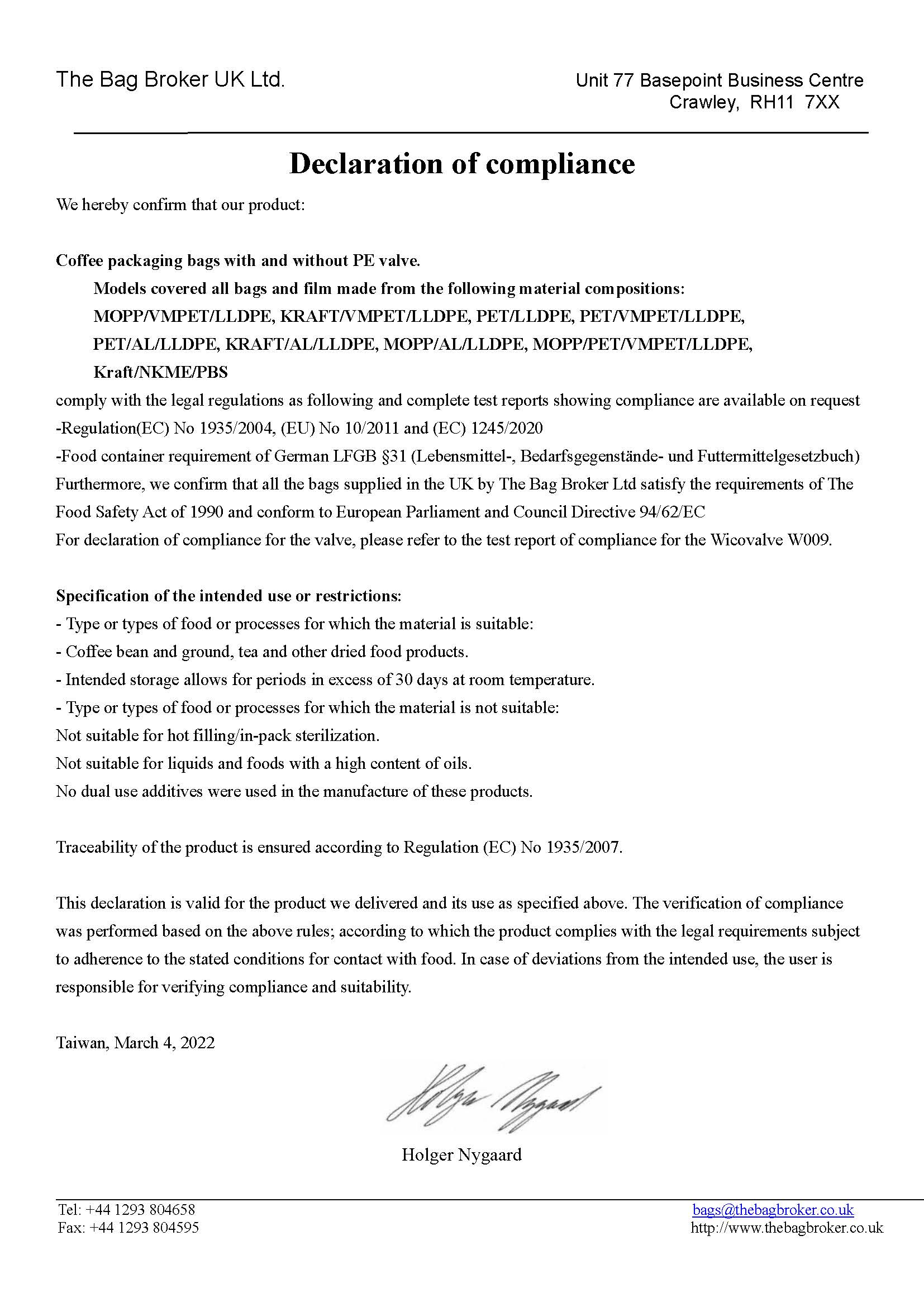 Declaration of Compliance | The Bag Broker UK